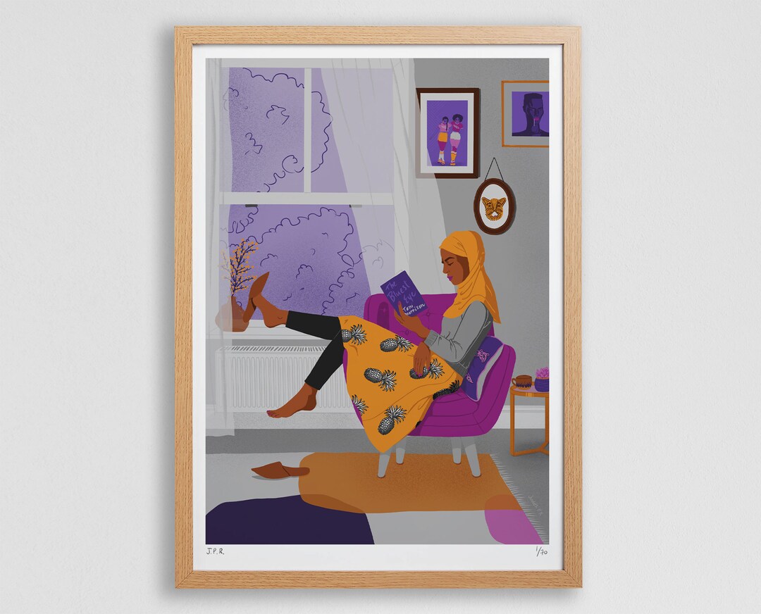 Art Print - Muslim Woman Reading a Toni Morrison Book Comfortably by ...