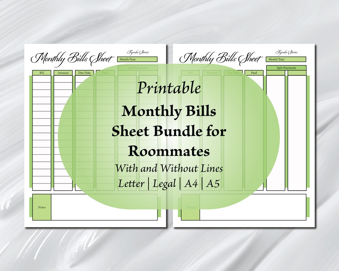 Monthly Bill Tracker Bundle for Roommates | 8 Green Printables | Letter ...