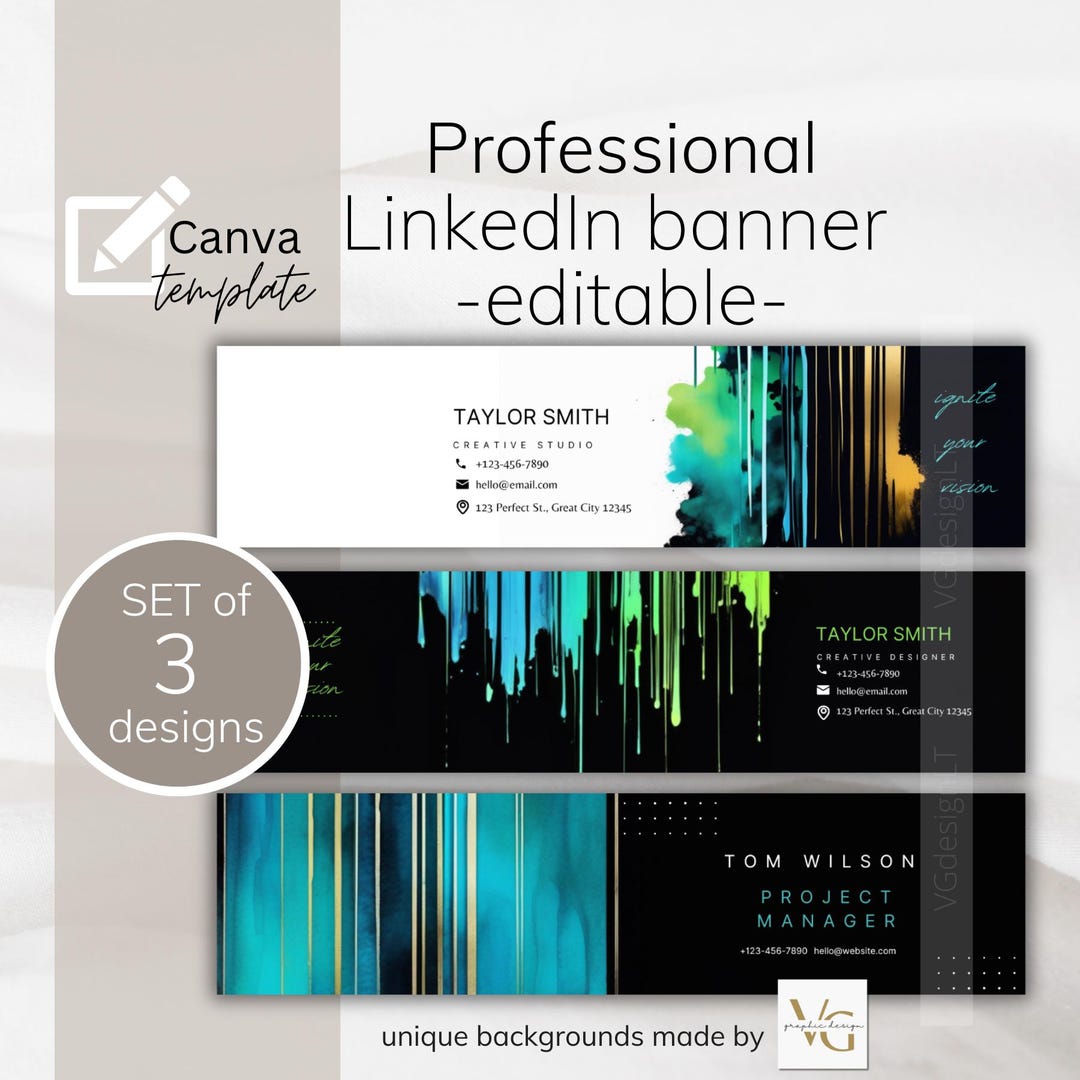 SET of 3 Creative Linkedin Banners, Colorful Backgrounds With Editable ...