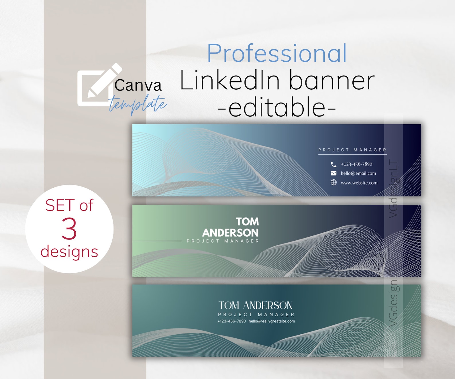 SET of 3 Professional Linkedin Banners, Green Blue Gradient Background ...
