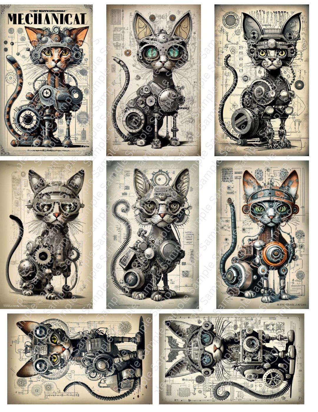 Mechanical Cats Collage Digital Download Graphic Design, for Greeting ...