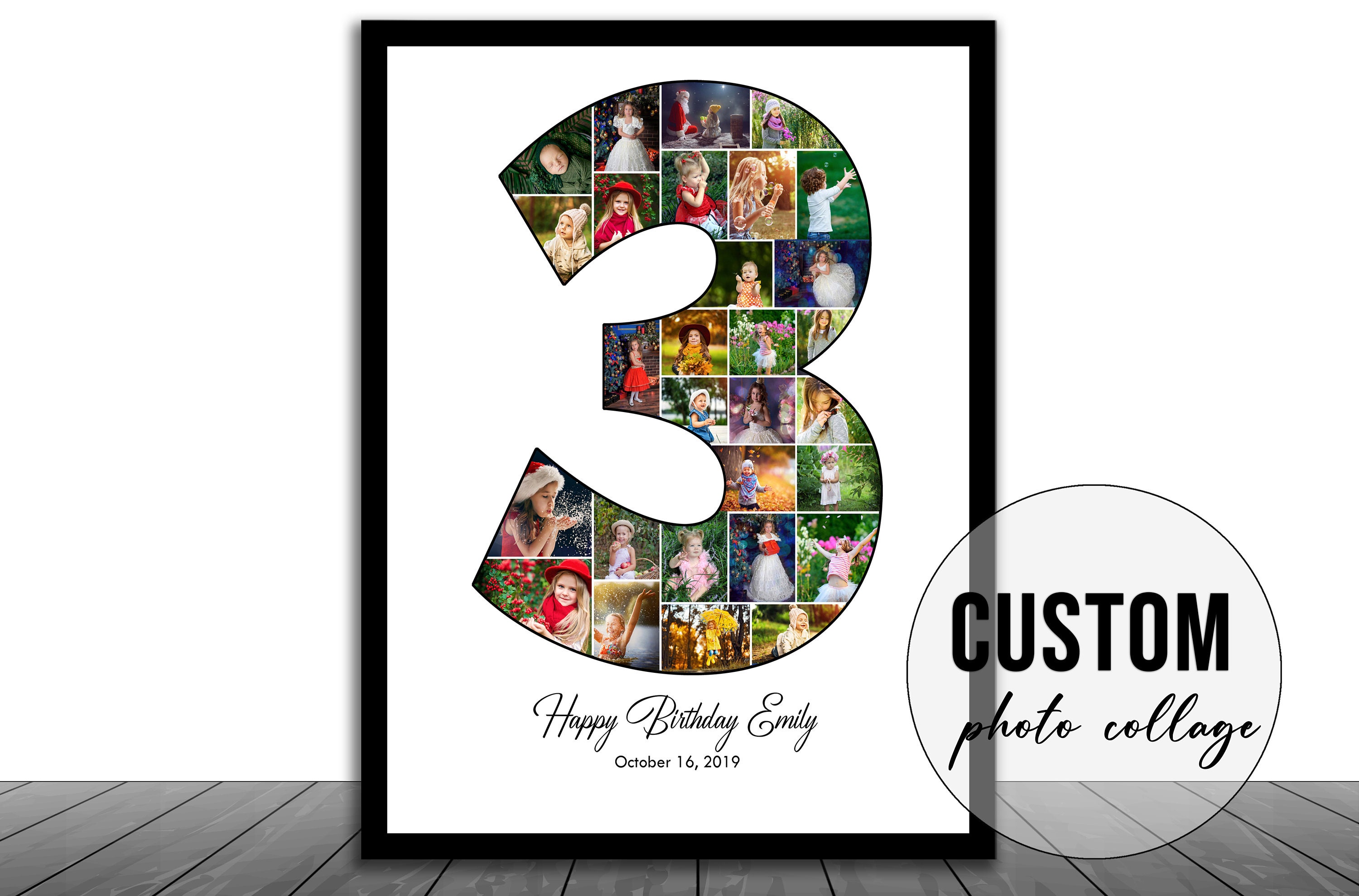 Personalize 3rd Birthday Collage 24-50 Photos, Black Photo Collage Gift ...