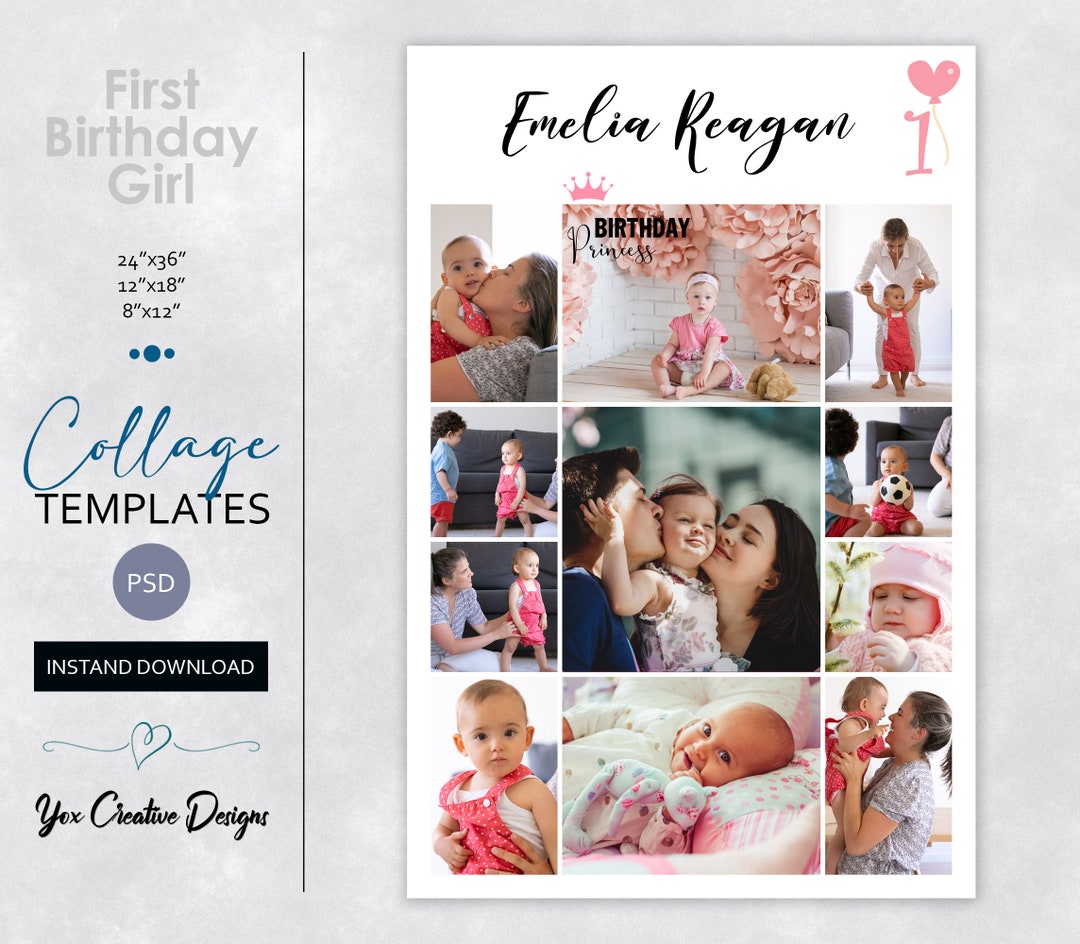 First Birthday Year Photo Collage Template, First Year Photos, Baby ...