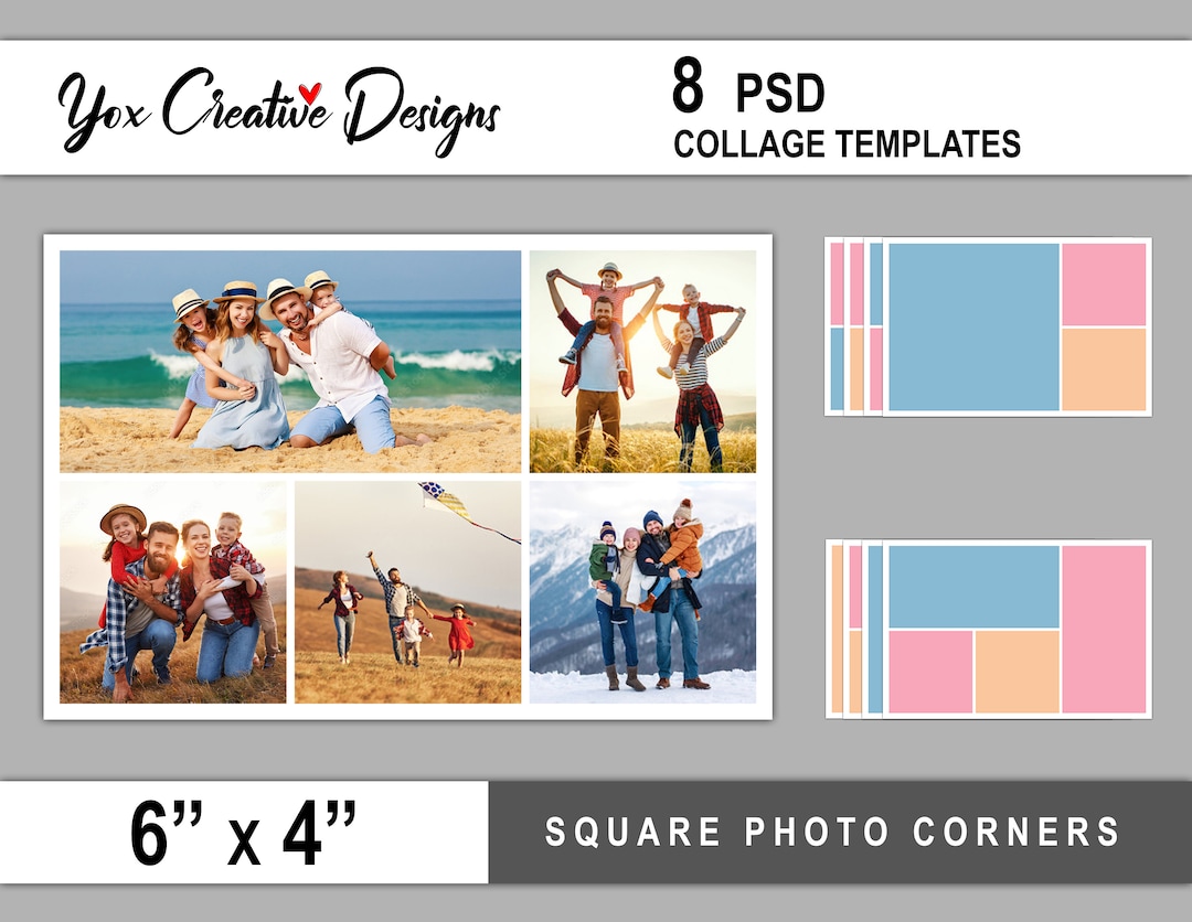 Photo Collage Templates Kit in 4"x6", 8 Photoshop Postcard Templates ...