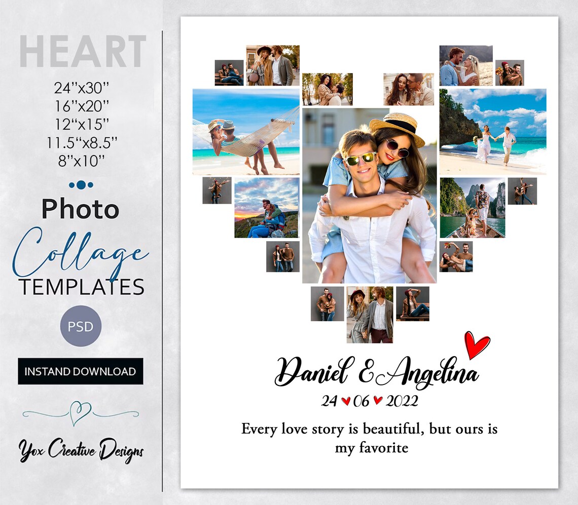 Heart Shape Photo Collage Template Anniversary Collage - Etsy India