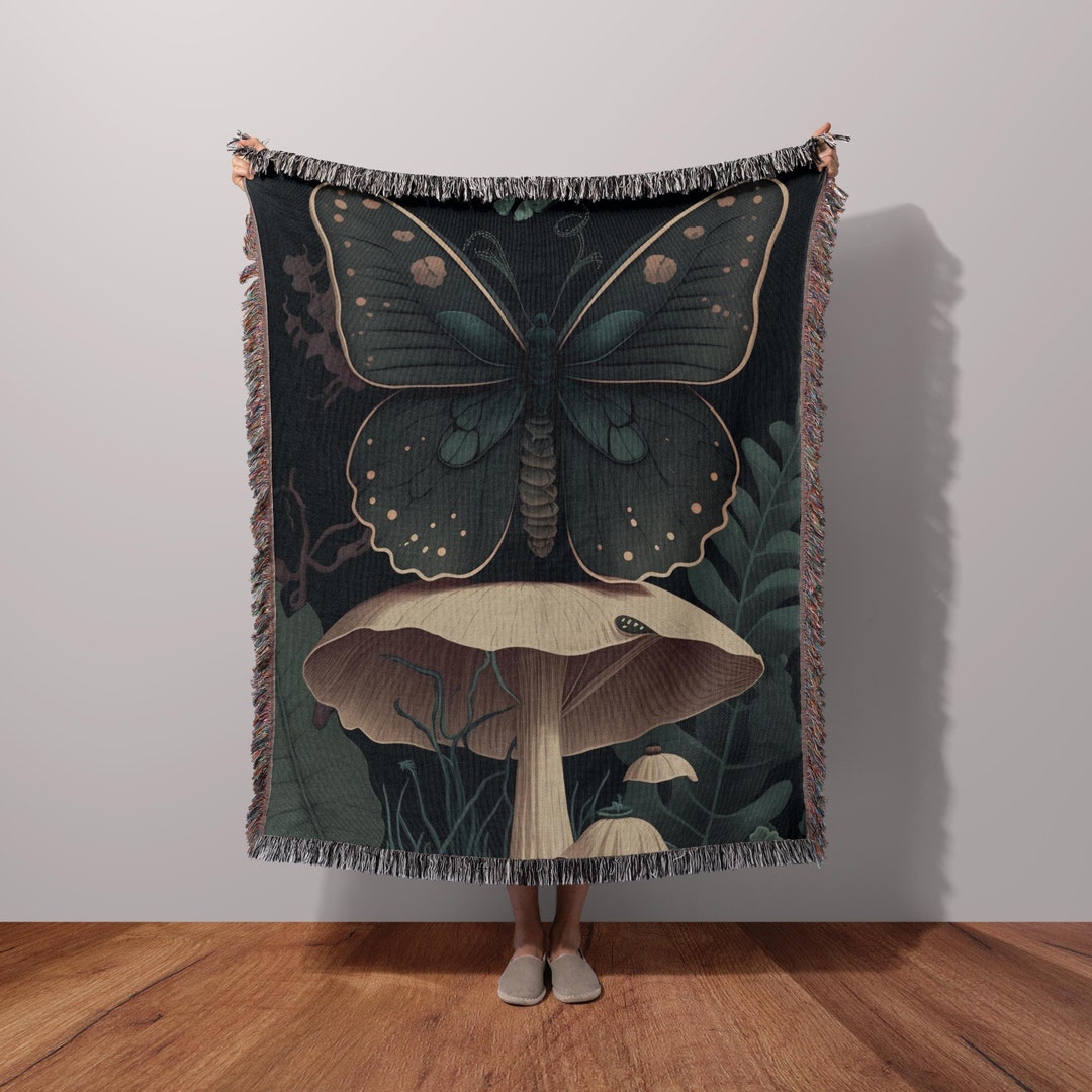 Mushroom Blanket, Cottagecore Woven Blanket, Throw Blanket Moth ...