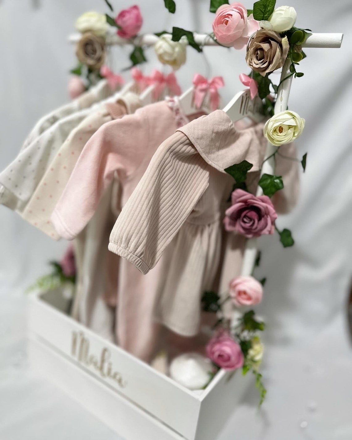Luxury Personalised Baby Crate Hamper With LED Lightsrose Garland ...