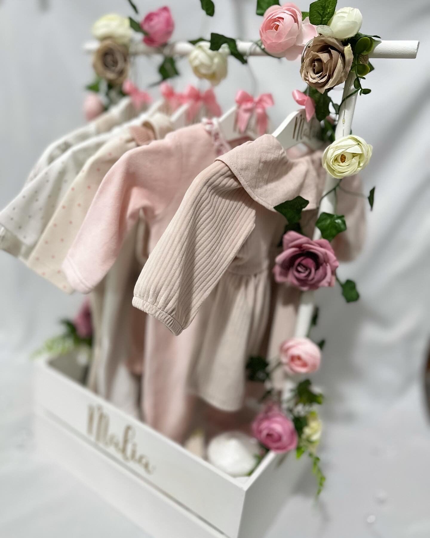 Luxury Personalised Baby Crate Hamper With LED Lightsrose Garland ...