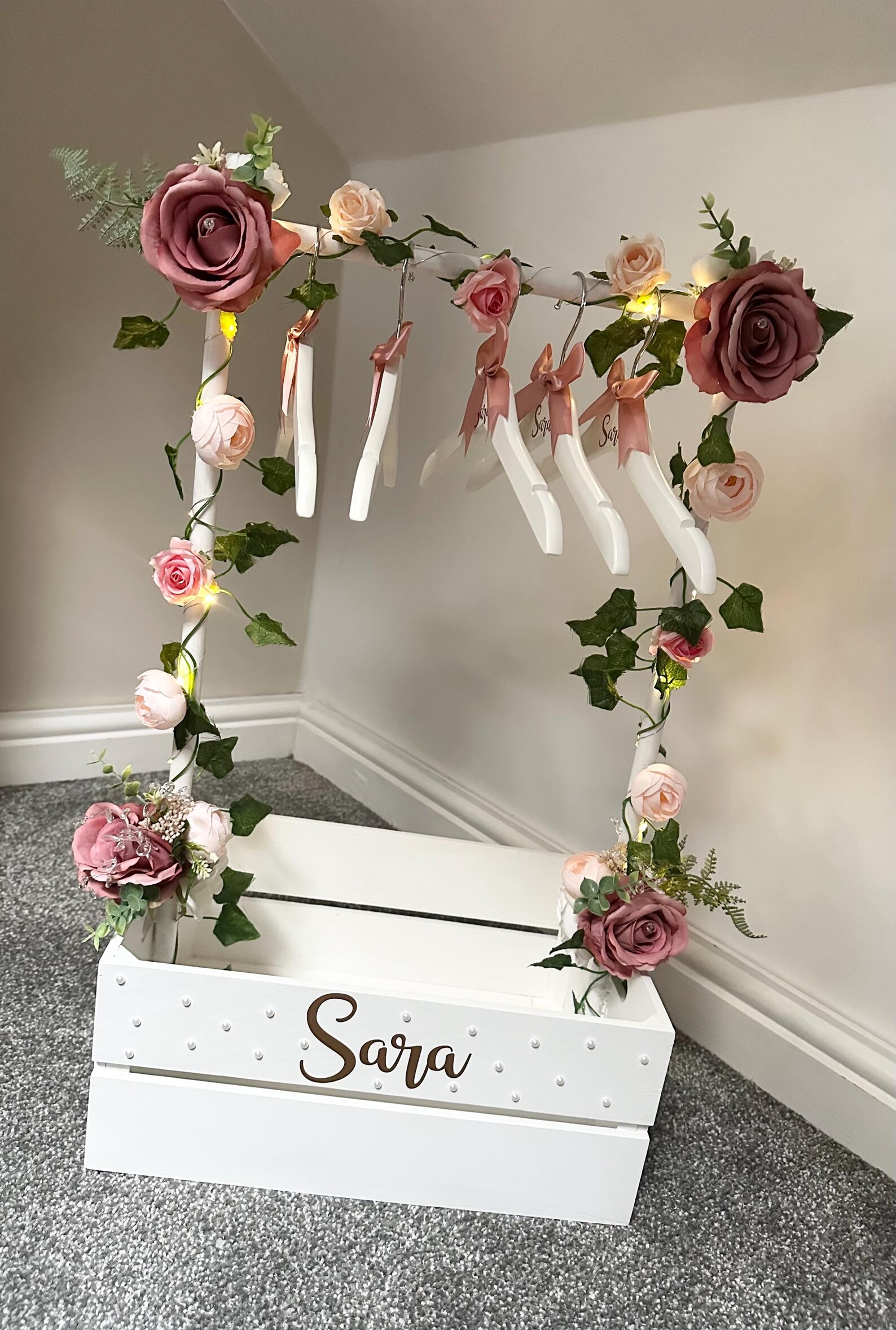 Luxury Personalised Baby Crate Hamper With LED Lightsrose Garland ...