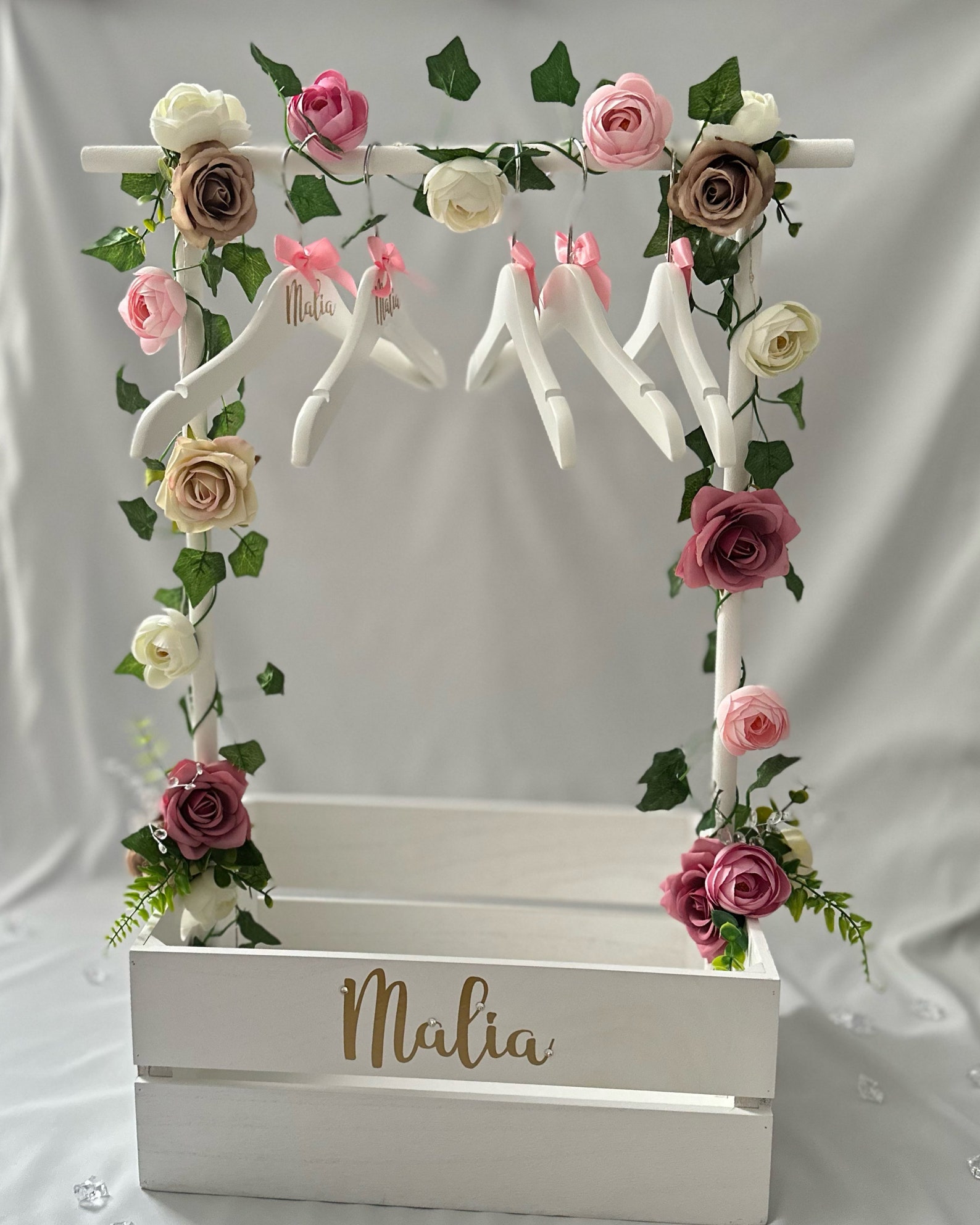 Luxury Personalised Baby Crate Hamper With LED Lightsrose Garland ...