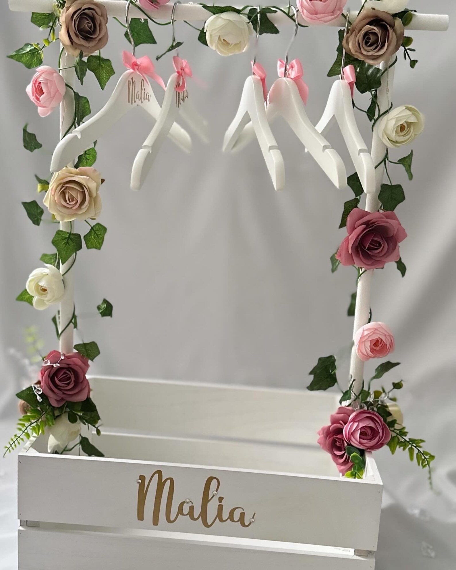 Luxury Personalised Baby Crate Hamper With LED Lightsrose Garland ...