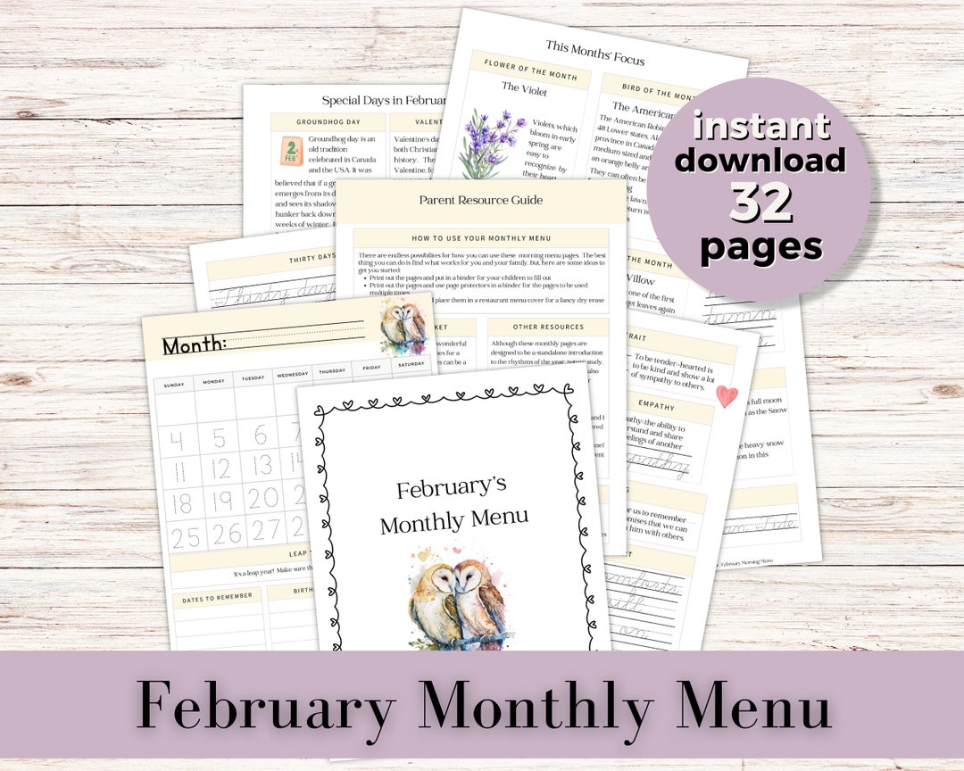 February Morning Menu Pages Charlotte Mason Nature Study Calendar Pages ...