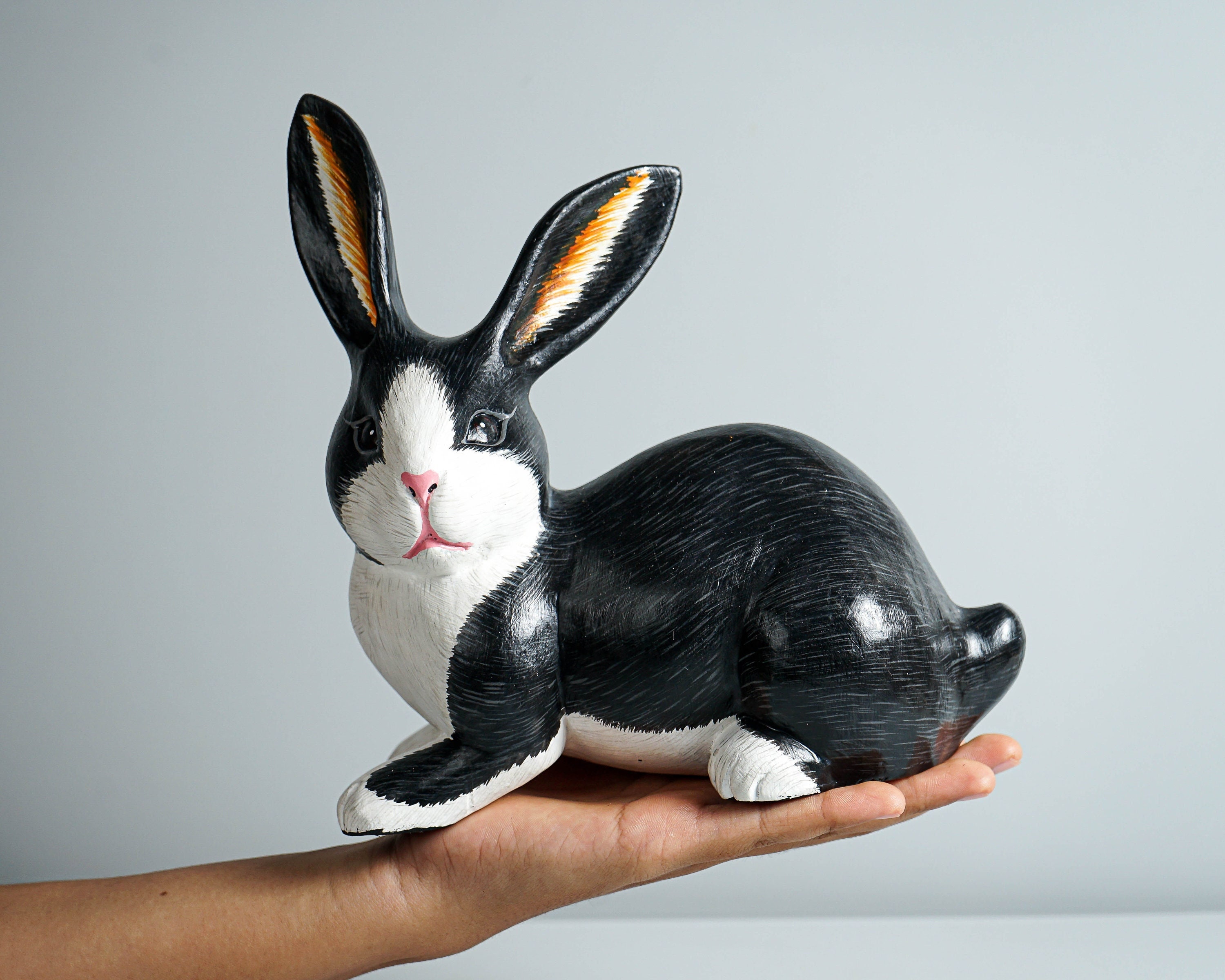 Black White Rabbit Figurine Wood Carving Rabbit Sculpture - Etsy