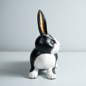 Black White Rabbit Figurine, Wood Carving, Rabbit Sculpture, Wooden ...