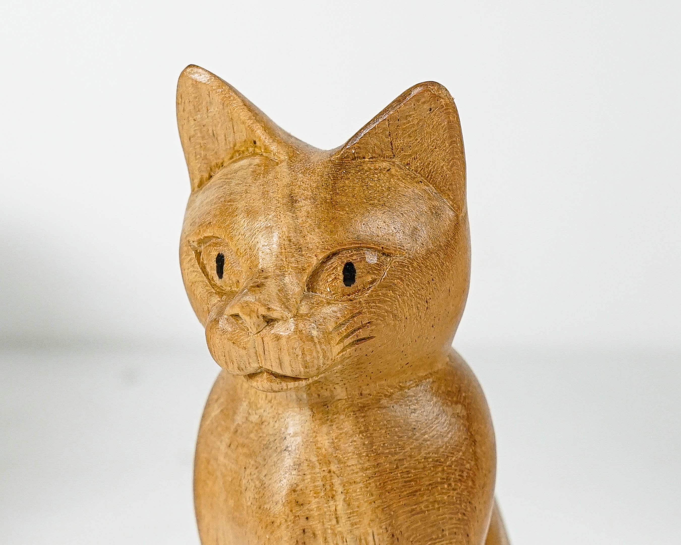 Cute Cat Wooden Sculpture Unique Wood Carving Wood Base - Etsy