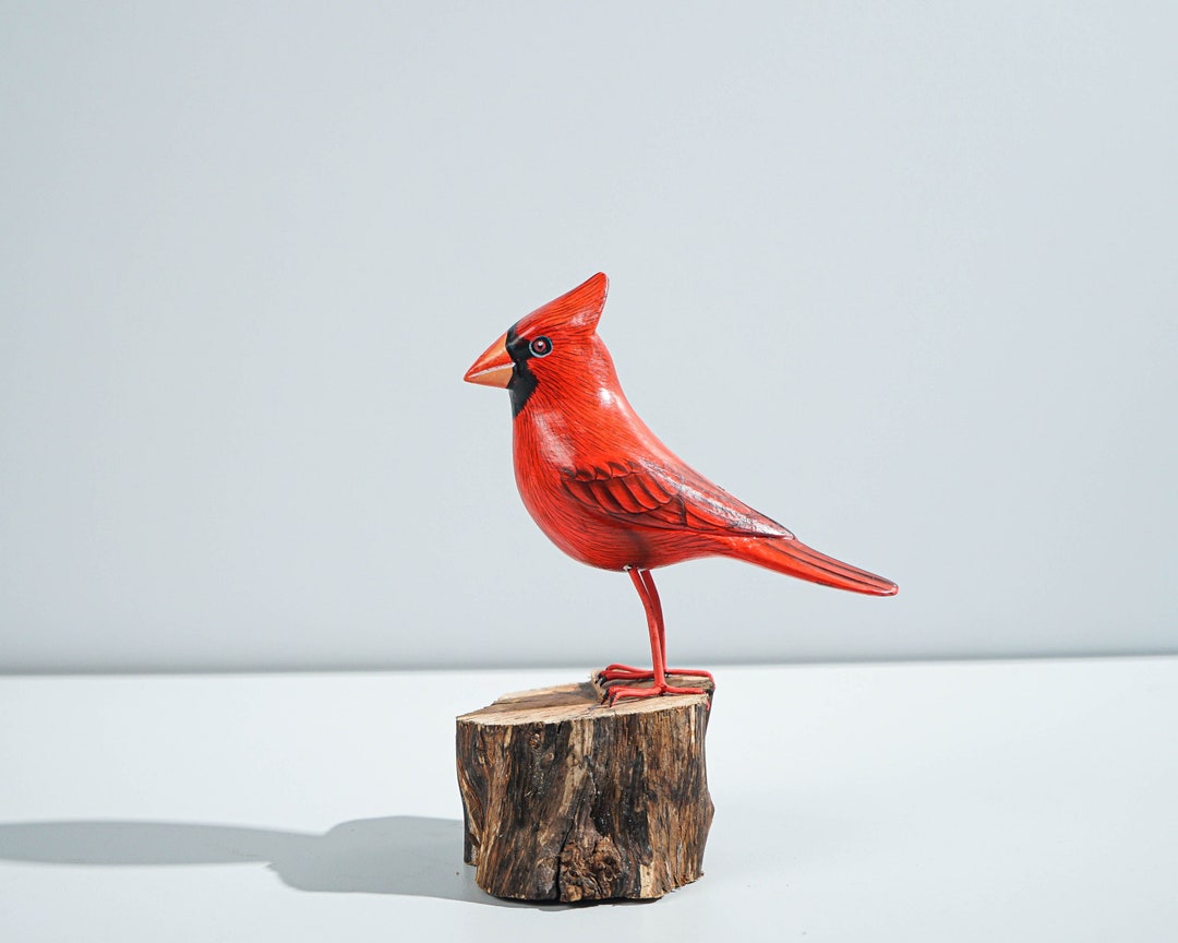 Red Bird Sculpture, Painted Wood Carving, Wooden Bird Art, Handcrafted ...