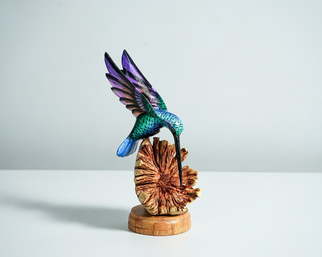 Green Hummingbird Statue, Painted Sculpture, Wood Carving Figure, Bird ...