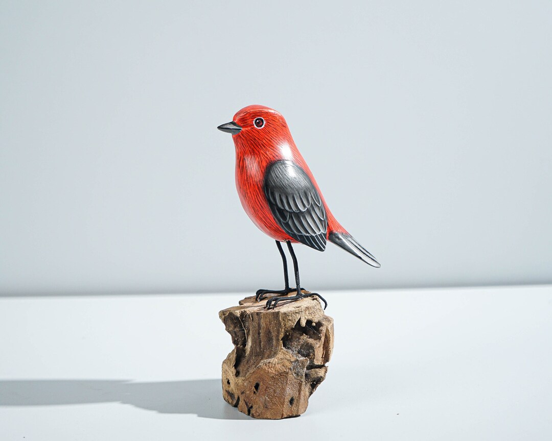 Red Bird Sculpture, Bird Statue, Painted Wood Carving, Handcrafted ...