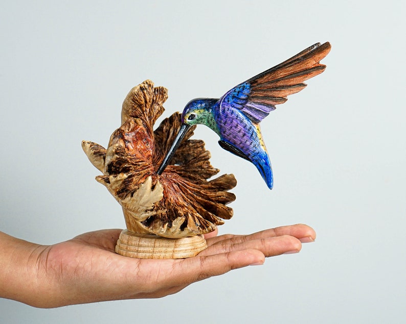 Colorful Hummingbird Statue Blue Painted Sculpture Wood - Etsy