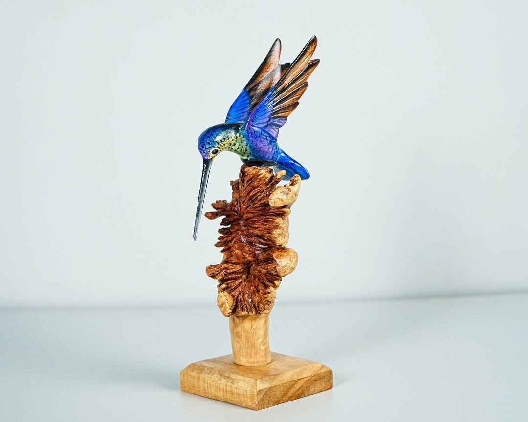 Colorful Hummingbird Statue, Blue, Painted Sculpture, Wood Carving ...