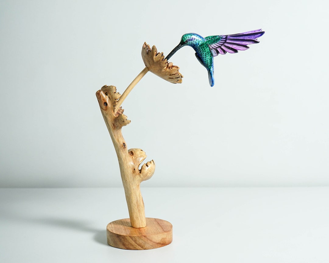 Green Hummingbird Statue, Blue, Painted Sculpture, Wood Carving Figure ...