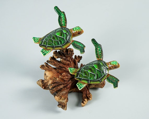 Couple Turtle Sculpture Green Sea Turtle Wood Carving - Etsy