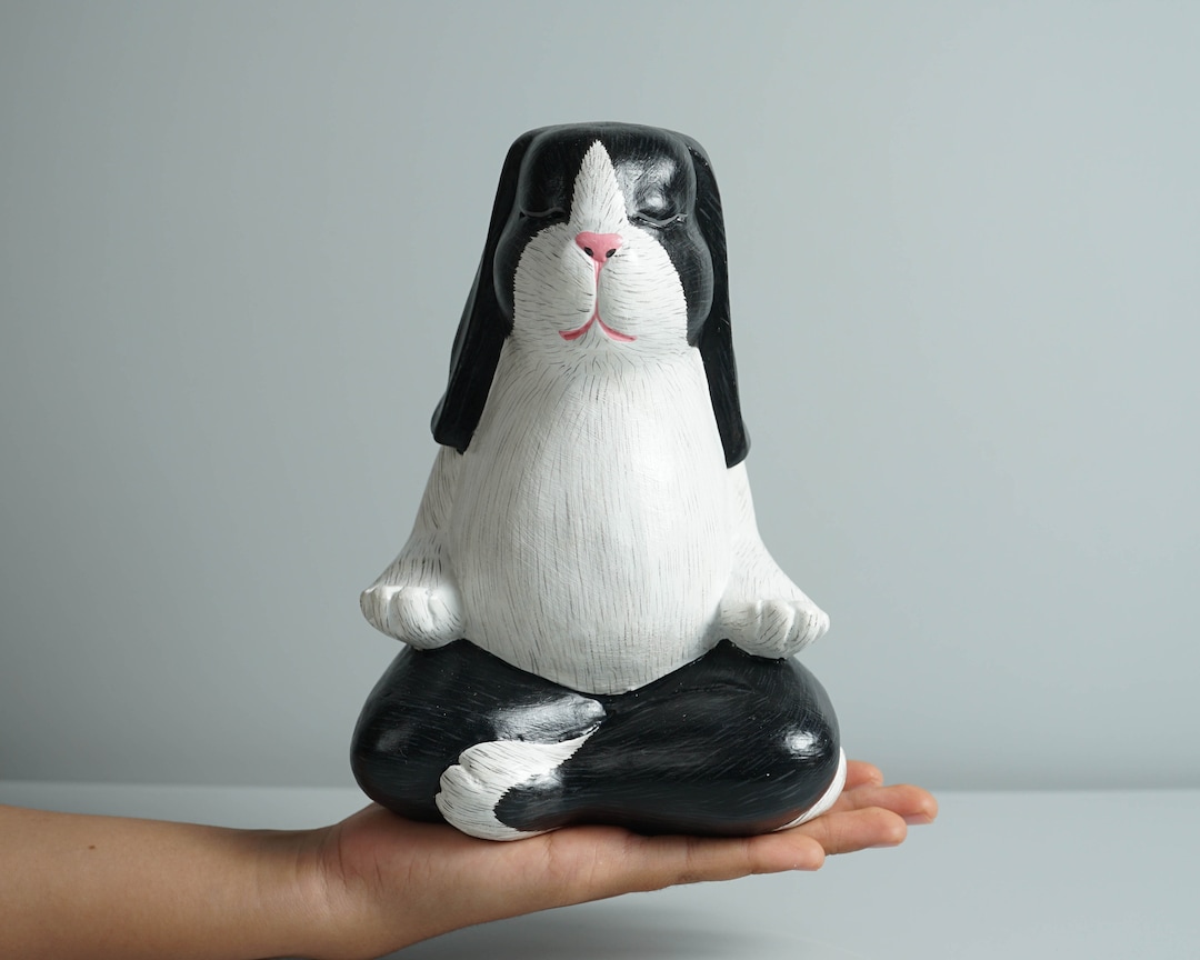 Praying Rabbit Statue, Black and White, Yoga Pose Statue, Painted ...