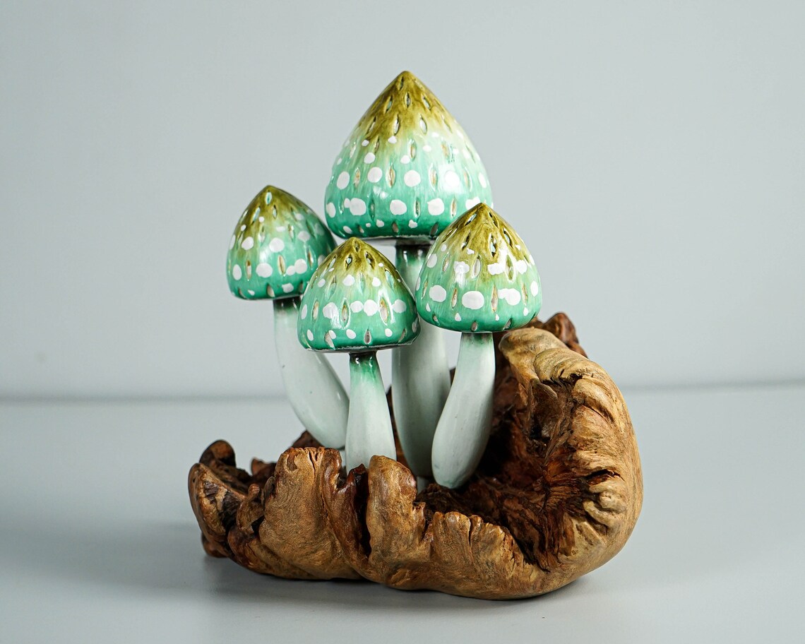 Green Mushroom Sculpture Painted Statue Figurine Wood - Etsy