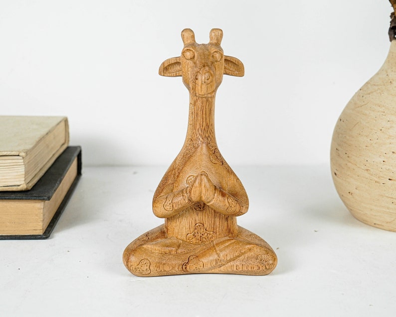 Meditating Giraffe Sculpture, Animal, Yoga, Wood Carving, Wooden Base ...