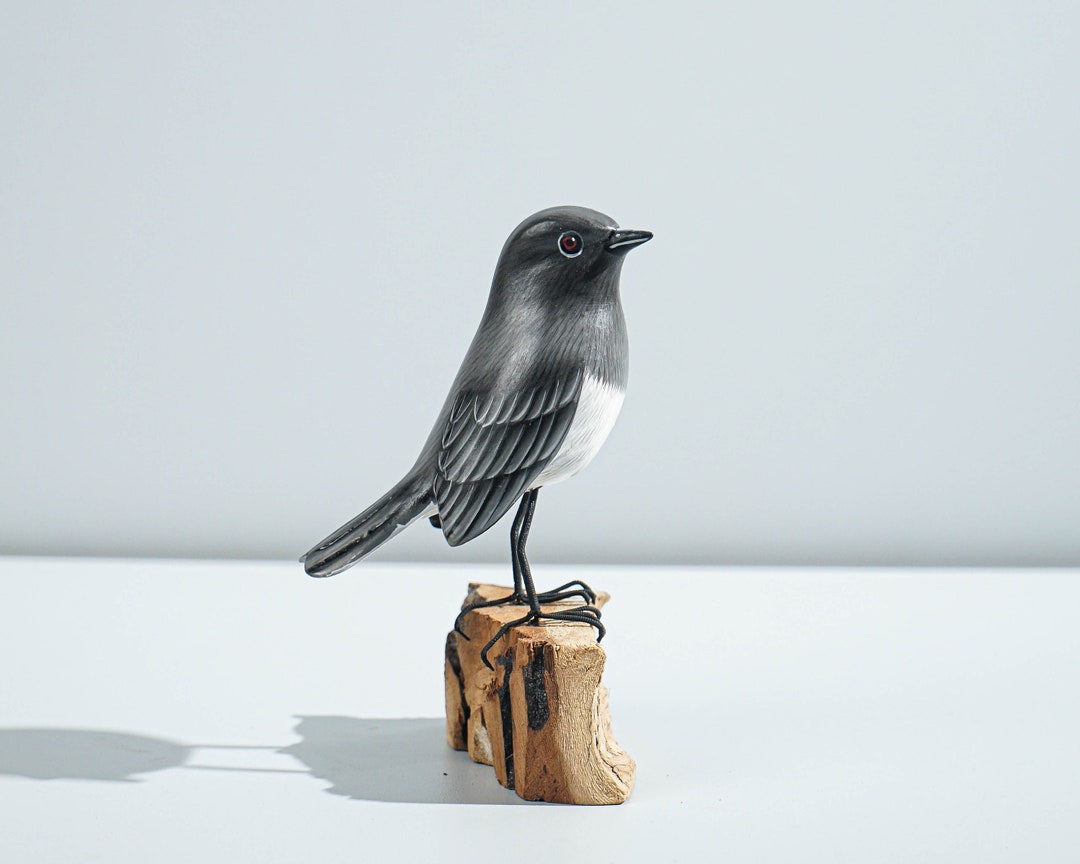 Black Phoebe Bird Statue, Painted Wood Carving, Wooden Bird Art ...