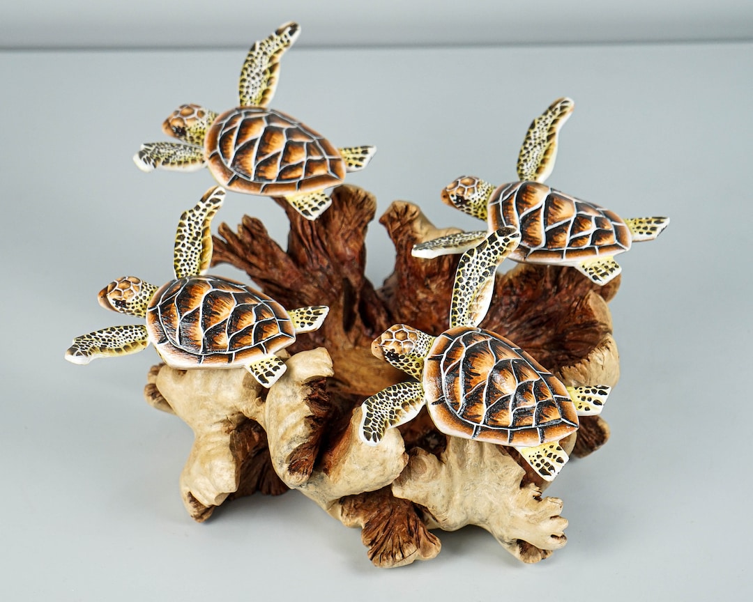 Turtle Sculpture, Family, Sea Turtle, Wood Carving, Ocean, Hand-painted ...