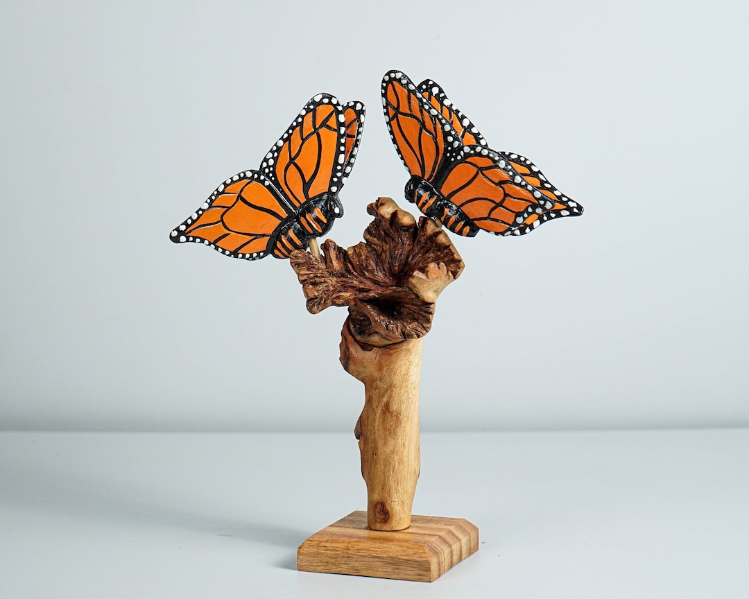 Couple Butterflies Figurine, Wood Carving, Colored Statue, Couple Art ...