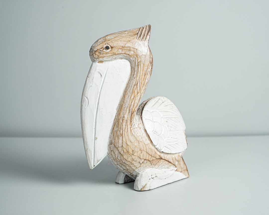 Pelican Bird Figurine, Painted Wood Carving, Wooden Bird Art, Hand ...