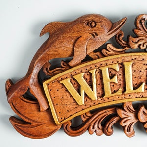 Welcome Sign, Wall Hanging Sculpture, Dolphin Welcome Sign Statue, Wood ...