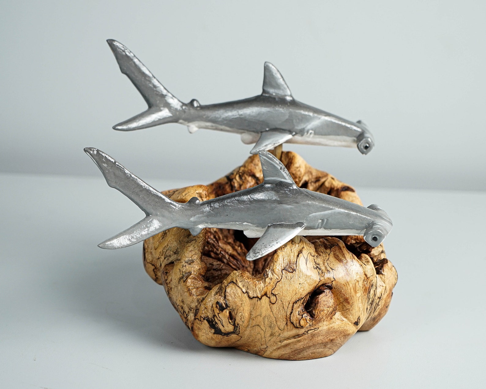 Grey Hammerhead Shark Duo Statue, Wooden Art, Painted, Woodland, Unique ...