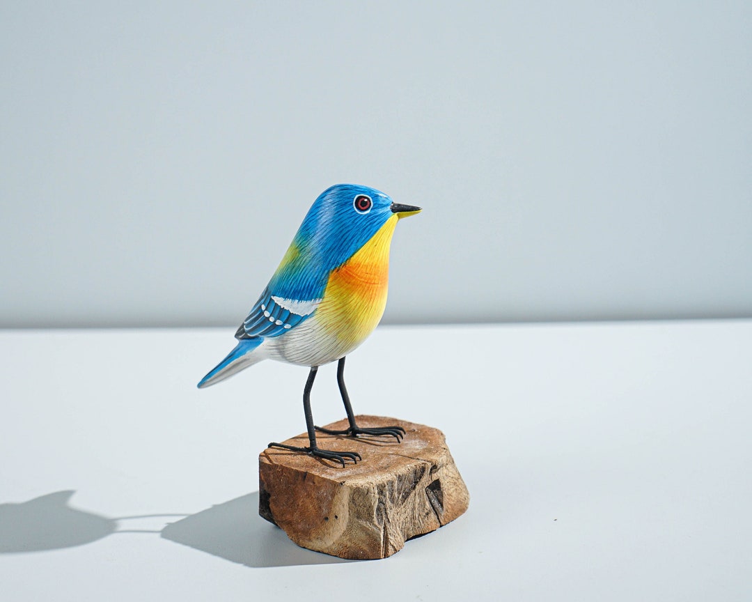 Blue Yellow Bird Statue, Painted Wood Carving, Artwork, Wooden Bird ...