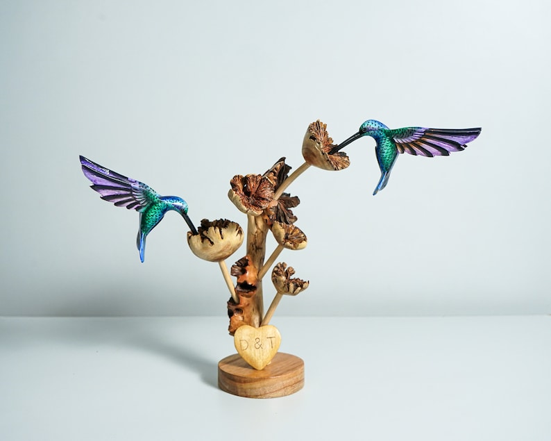 Couple Green Hummingbird Statue, Blue Bird, Painted Sculpture, Hand ...