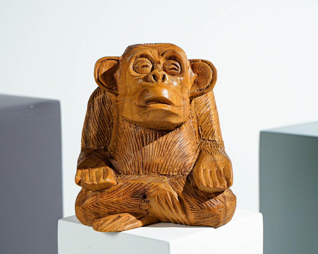 Meditating Monkey Sculpture, Animal, Yoga, Carving, Wooden Base ...