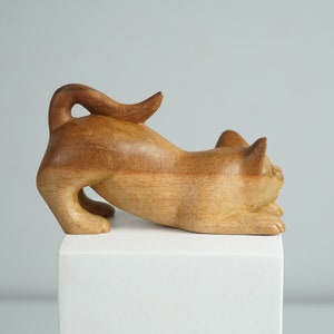 Wooden Cat Figurine, Animal Statue, Wood Carving, Handcrafted, Unique ...