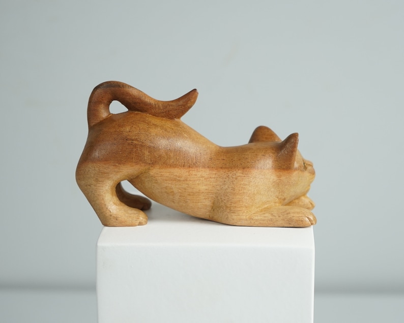 Wooden Cat Figurine, Animal Statue, Wood Carving, Handcrafted, Unique ...