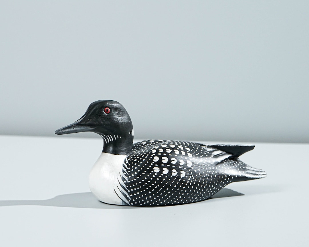 Loon Decor, Bird Art Ornament, Hand Carved, Wooden Figurine, Painted ...
