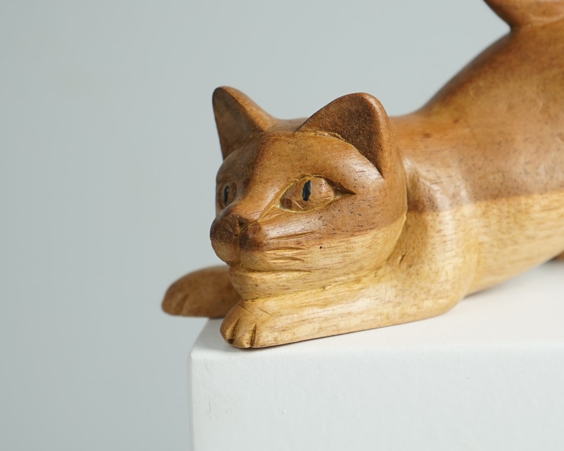 Wooden Cat Figurine, Animal Statue, Wood Carving, Handcrafted, Unique ...