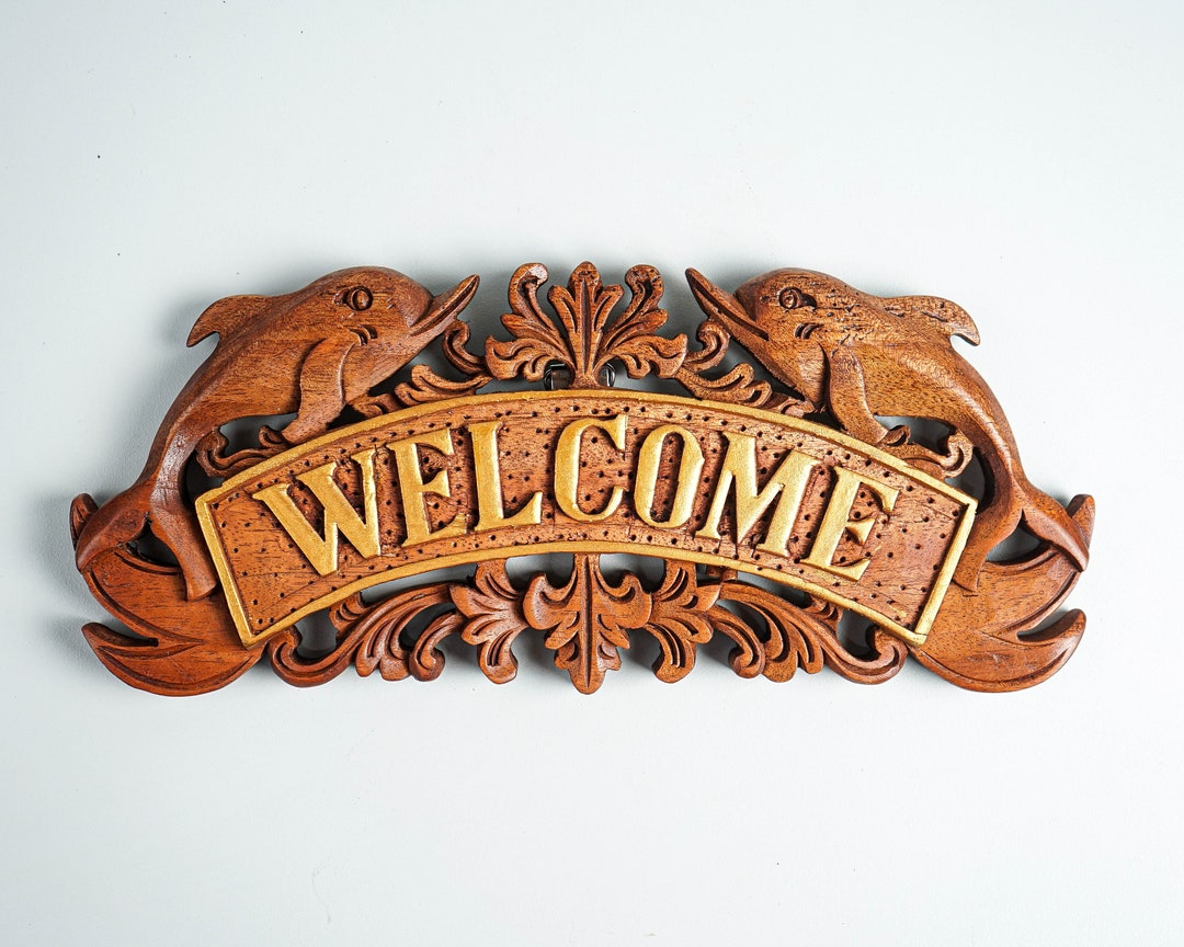 Welcome Sign, Wall Hanging Sculpture, Dolphin Welcome Sign Statue, Wood ...
