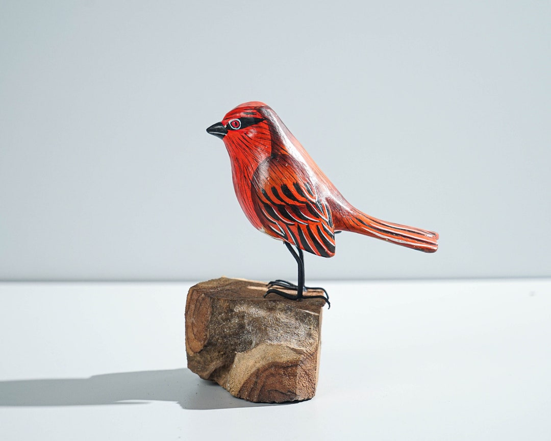 Finch Bird Sculpture, Painted Wood Carving, Wooden Bird Figurine ...