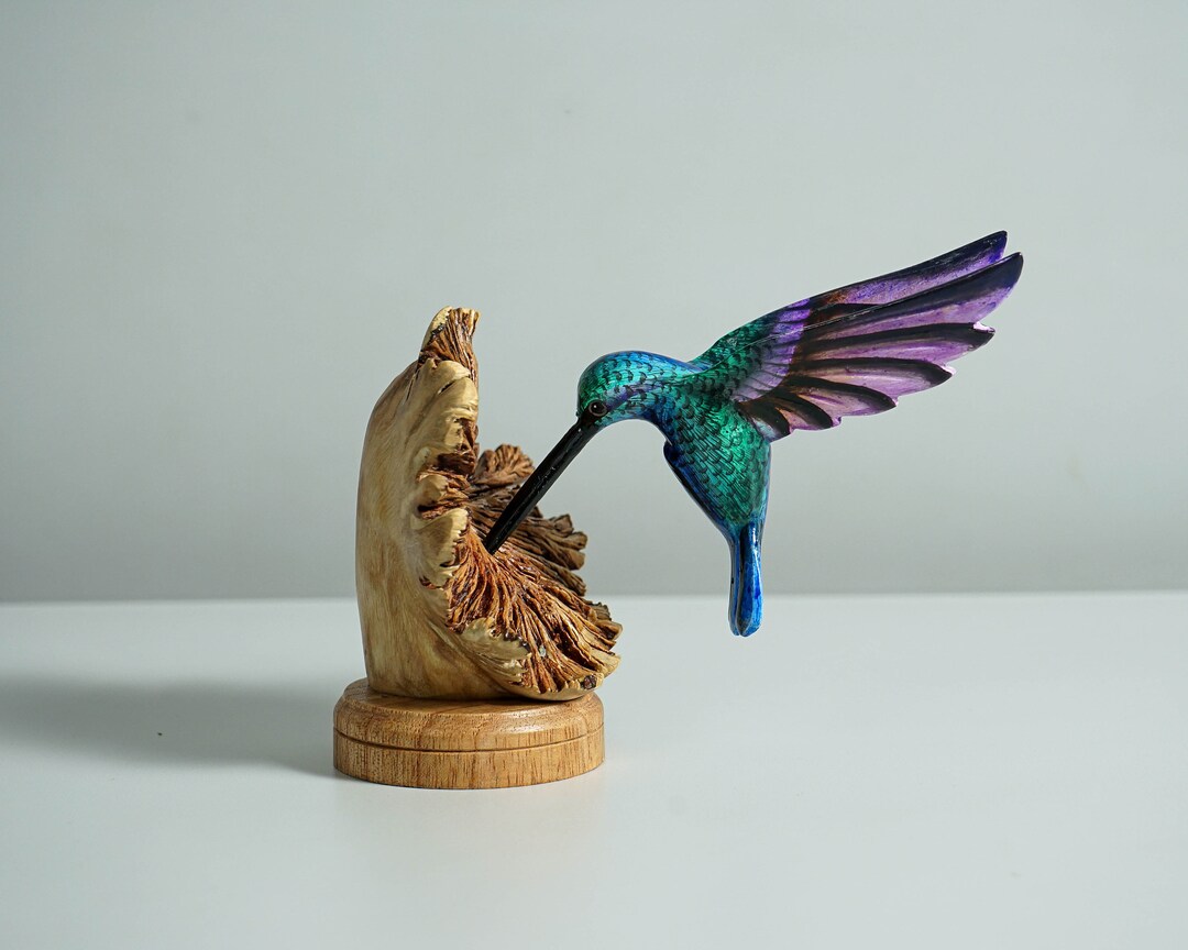 Colorful Hummingbird Statue, Blue, Painted Sculpture, Wood Carving ...