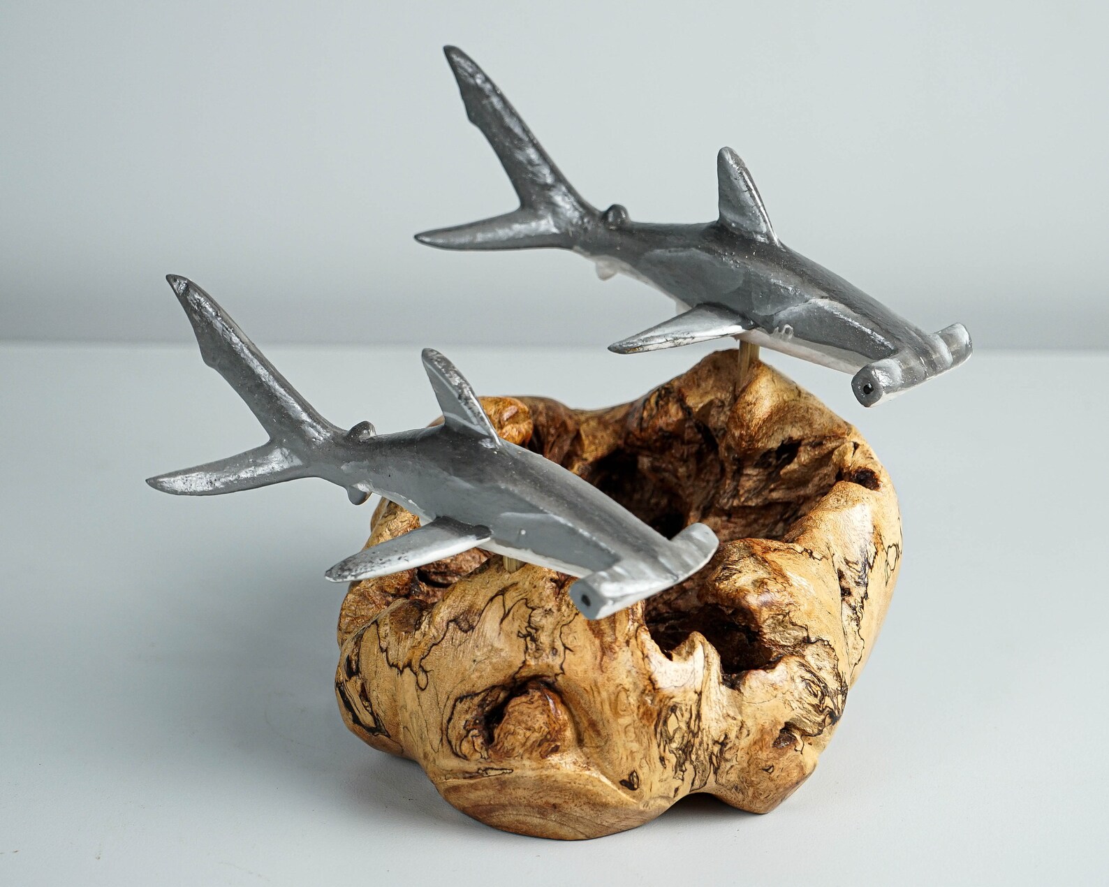 Grey Hammerhead Shark Duo Statue, Wooden Art, Painted, Woodland, Unique ...