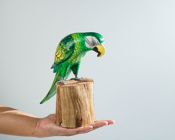 Green Yellow Macaw Parrot Statue Painted Wood Carving Bird | Etsy