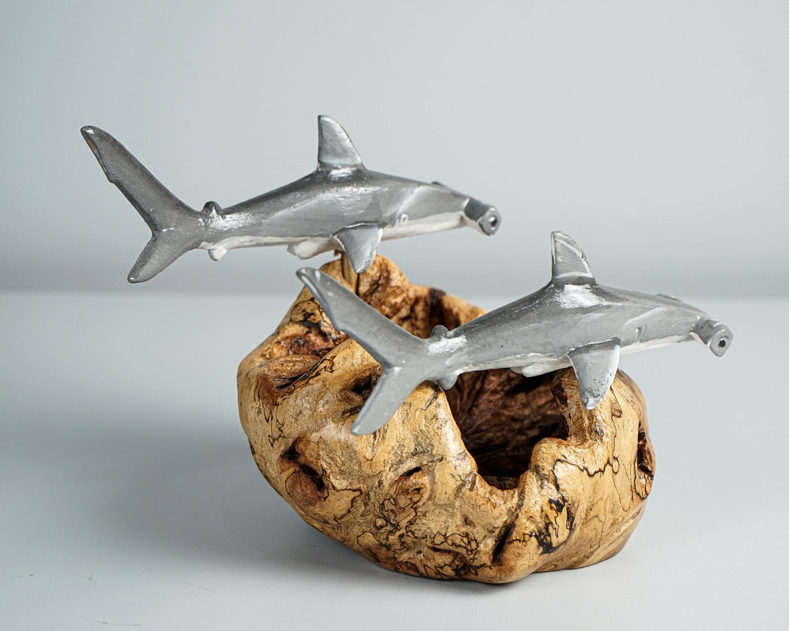 Grey Hammerhead Shark Duo Statue, Wooden Art, Painted, Woodland, Unique ...