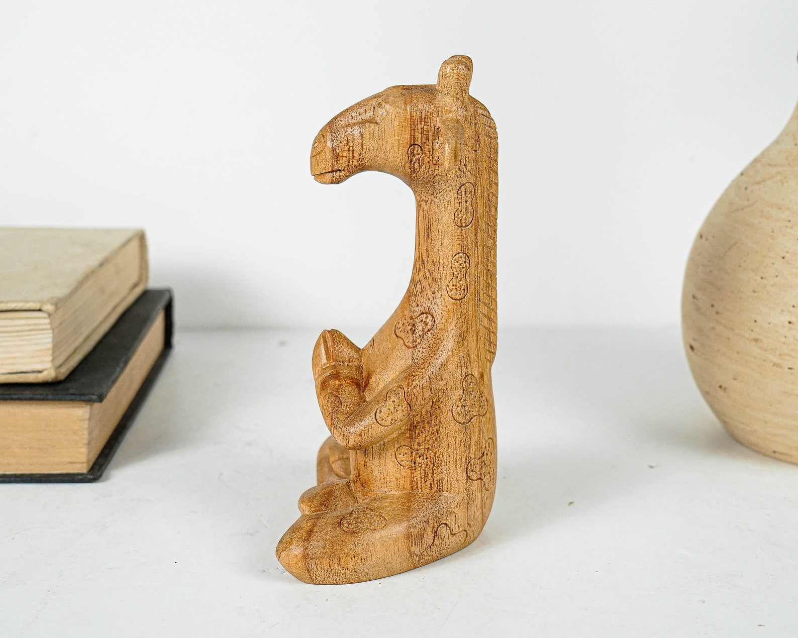 Meditating Giraffe Sculpture, Animal, Yoga, Wood Carving, Wooden Base ...