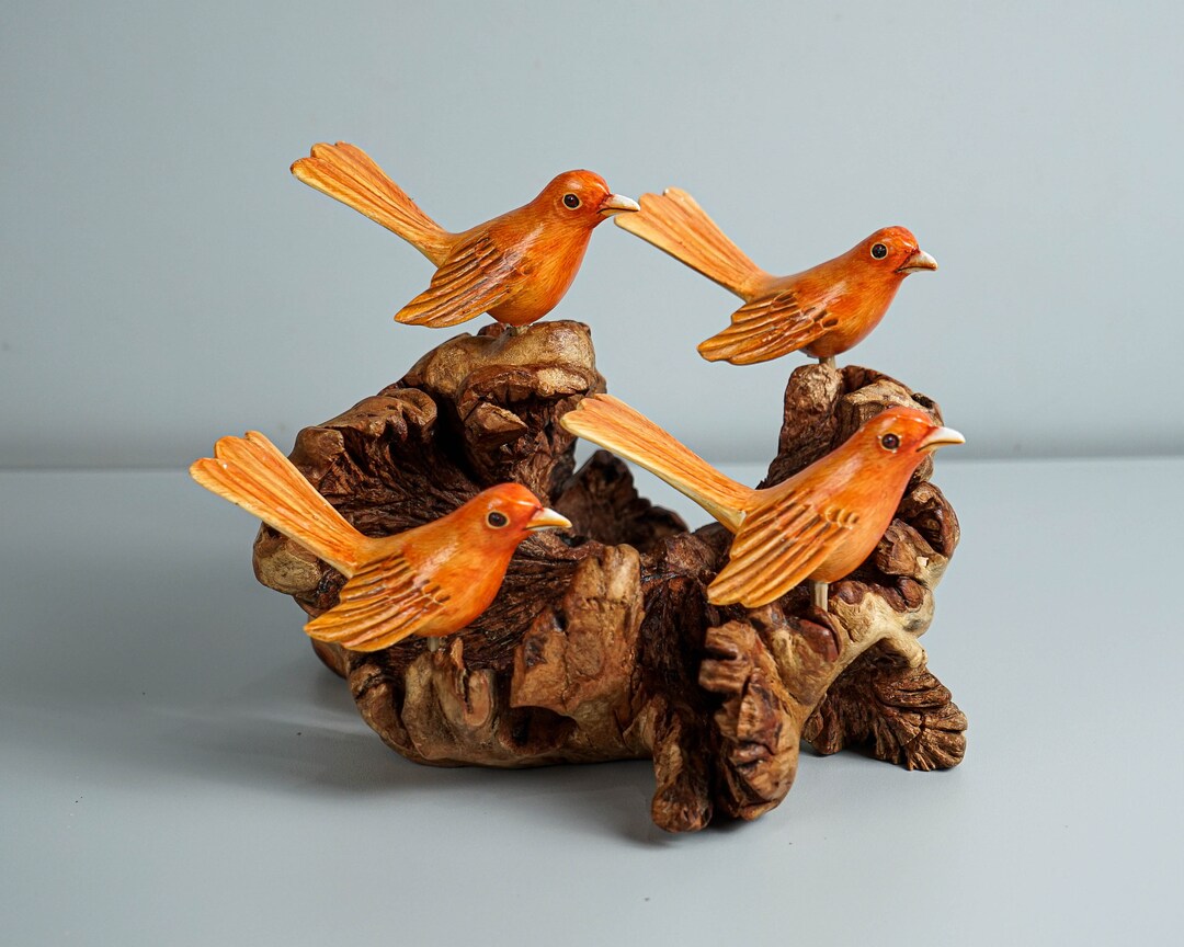 Red Canary Family Statue, Painted Canary, Bird Nest Sculpture ...